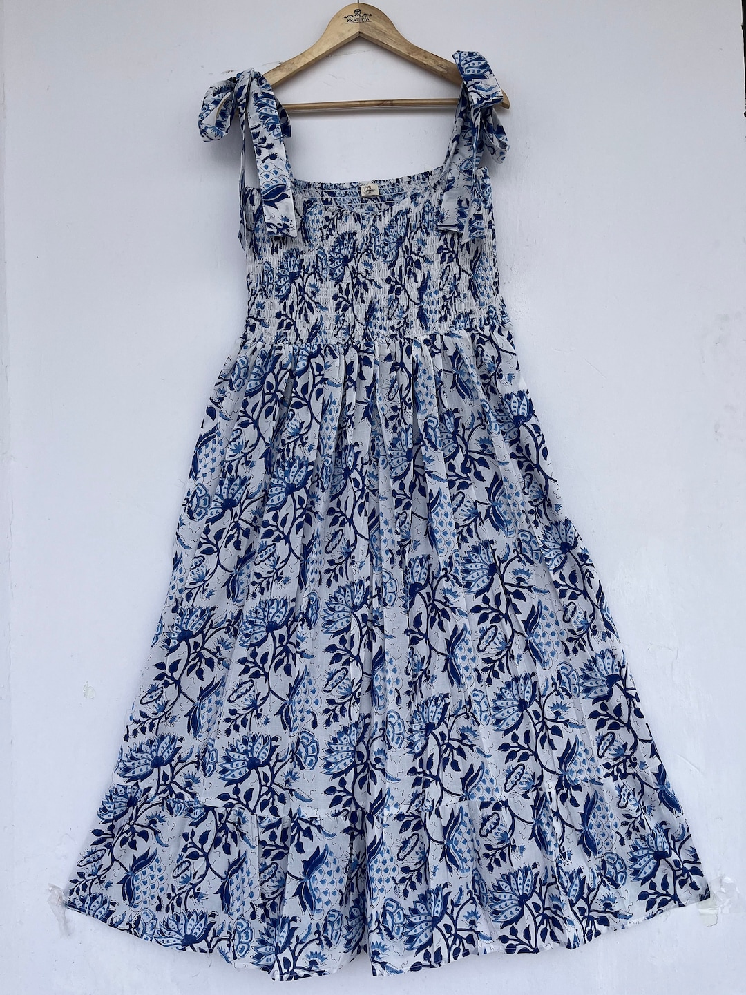 Hand Block Printed Cotton Long Maxi - Summer Strap Dress - Floral Blue ...