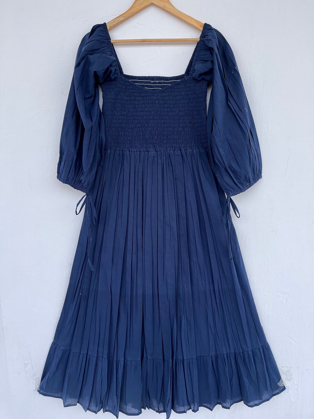 Dark Blue Cotton Solid Maxi | Shirred Maxi | Bohemian Long Maxi Dress ...
