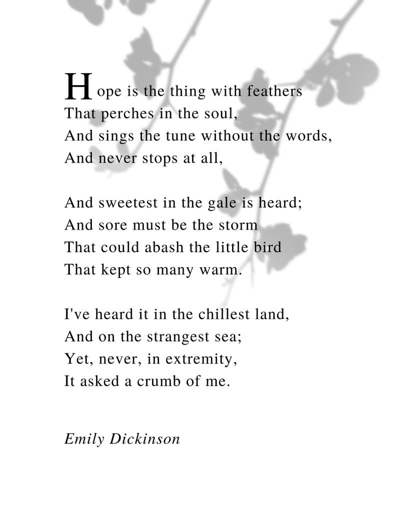 Hope is the Thing With Feathers by Emily Dickinson | Digital Download ...