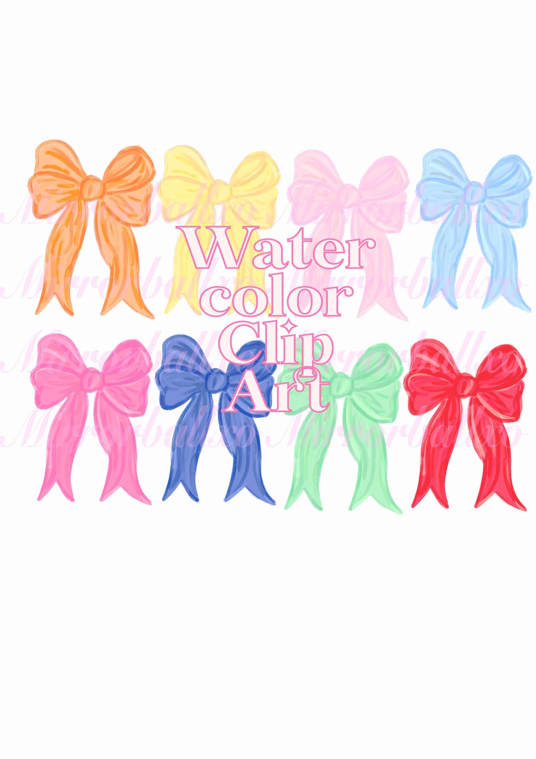 9pc Clip Art Multicolor Bows Watercolor Hand Drawn Trendy Preppy Grand ...