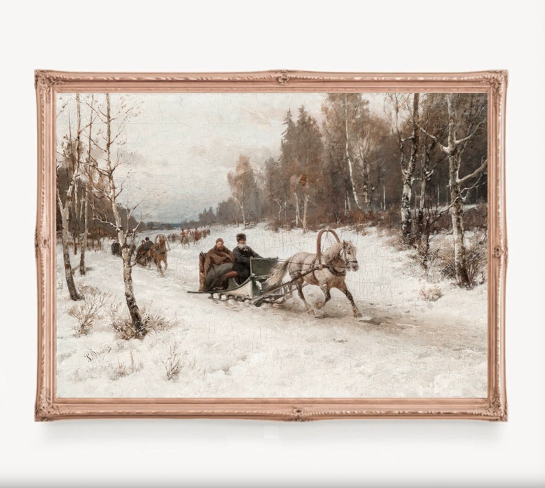 Winter Sleigh Ride Snow Flocked Forest Sled Vintage Art Printable ...