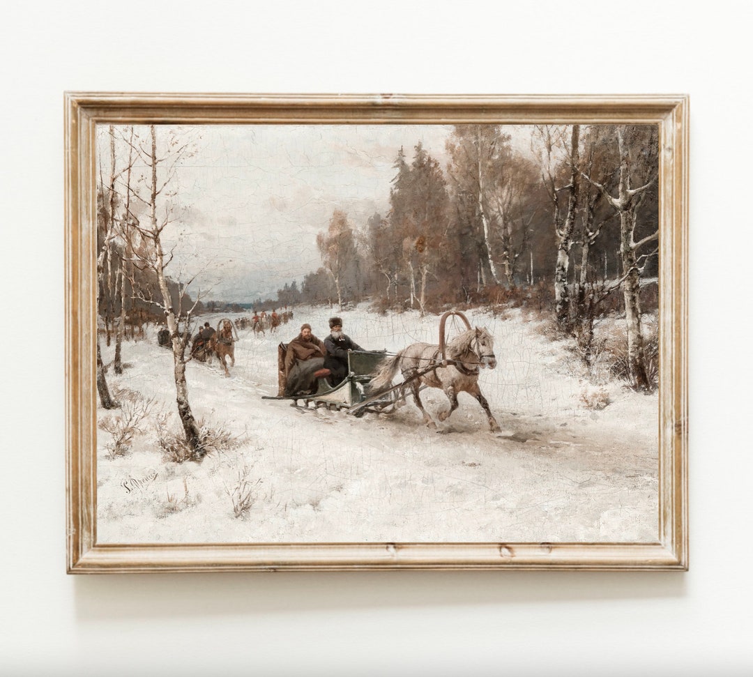 Winter Sleigh Ride Snow Flocked Forest Sled Vintage Art Printable ...