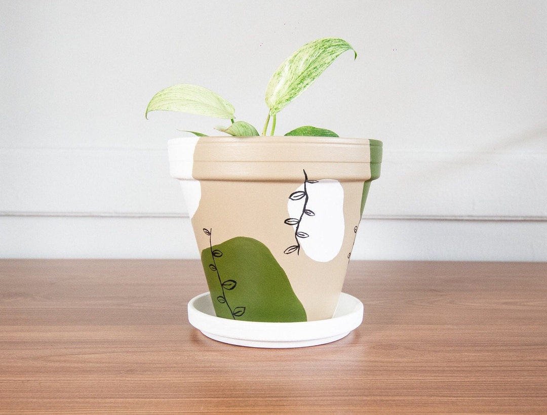 Spotted Floral Hand Painted Pot — Tan/green/white | Drainage | Indoor ...
