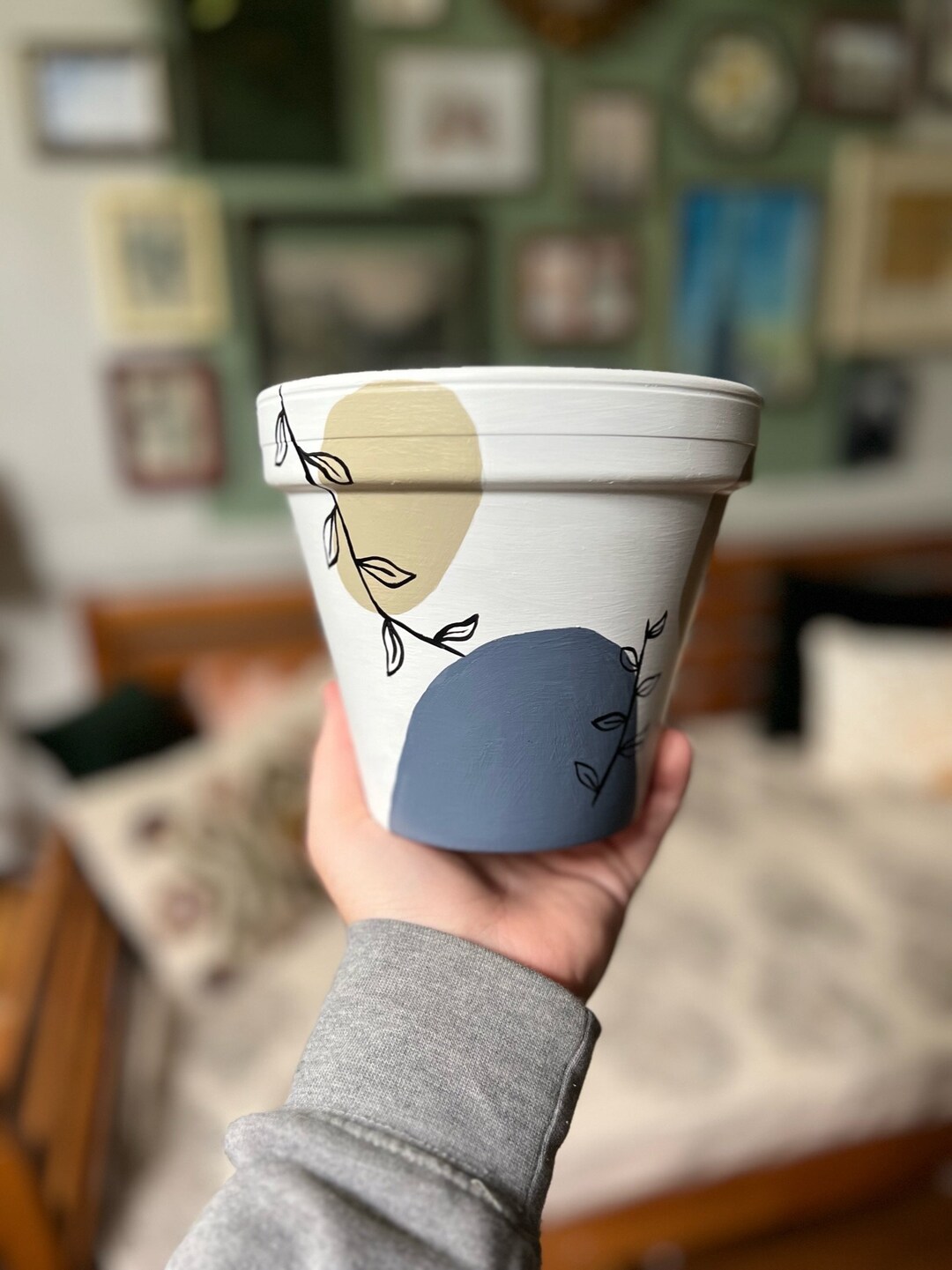 Spotted Floral Hand Painted Pot — White/blue/tan | Drainage | Indoor ...