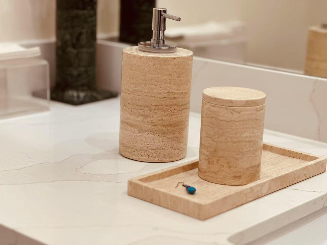 Travertine Bathroom Accessories Set: Soap Dispenser, Cup, Tray,gift for ...