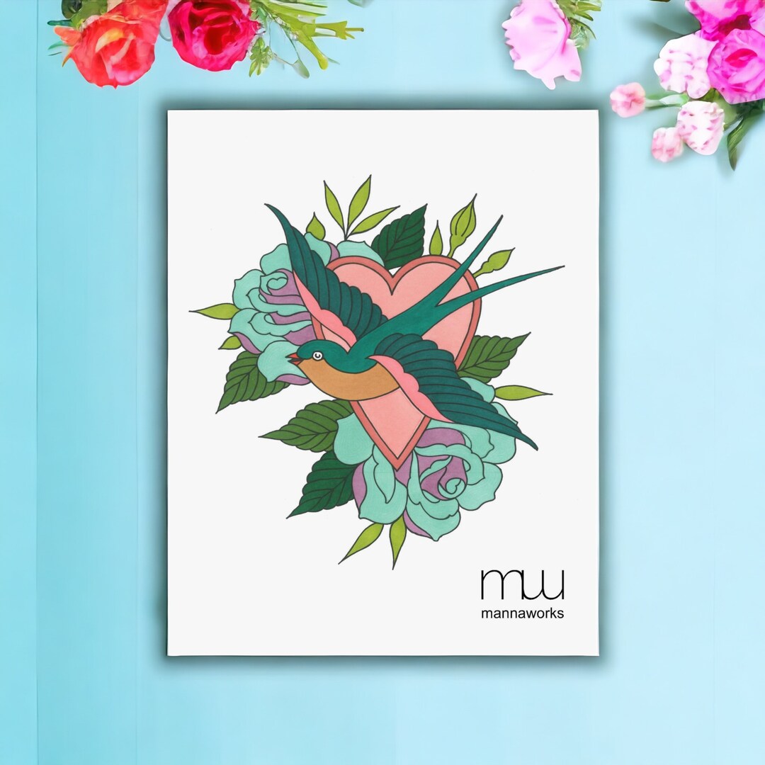 Swallow Bird Art Print: Pink Heart, Rose Flowers - Mannaworks - Etsy