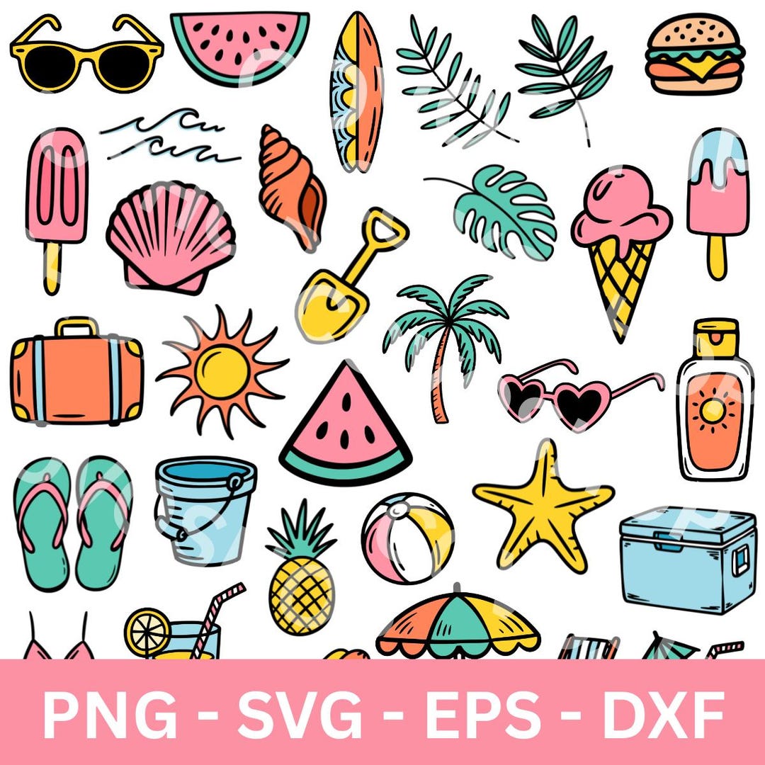 32 Summer Clip Art Bundle, PNG SVG EPS Dxf Images, Bright Colored ...