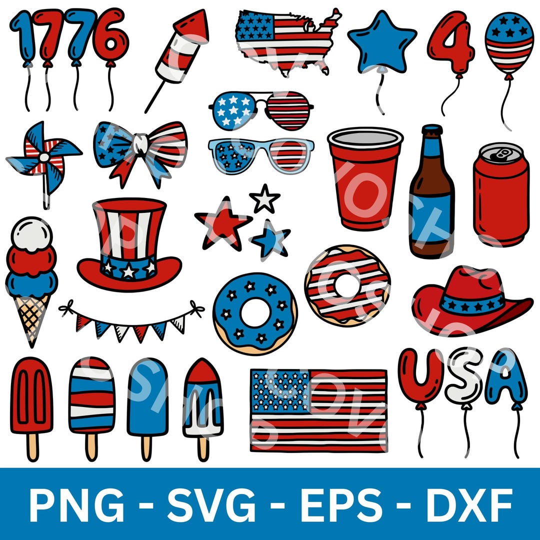 50 Fourth of July Clipart Bundle, PNG SVG EPS Dxf, Fireworks, Popsicles ...