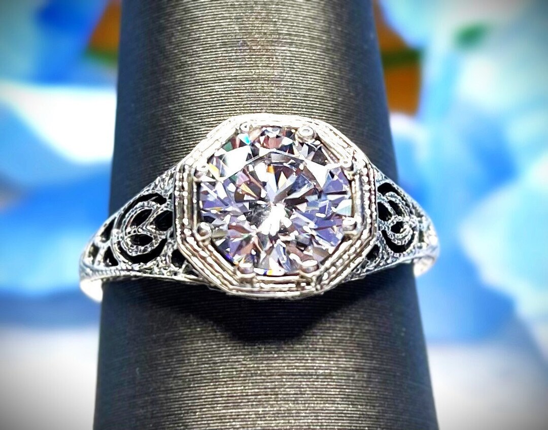 925 Solid Sterling Silver Antique Style Art Deco Design Cubic Zirconia ...