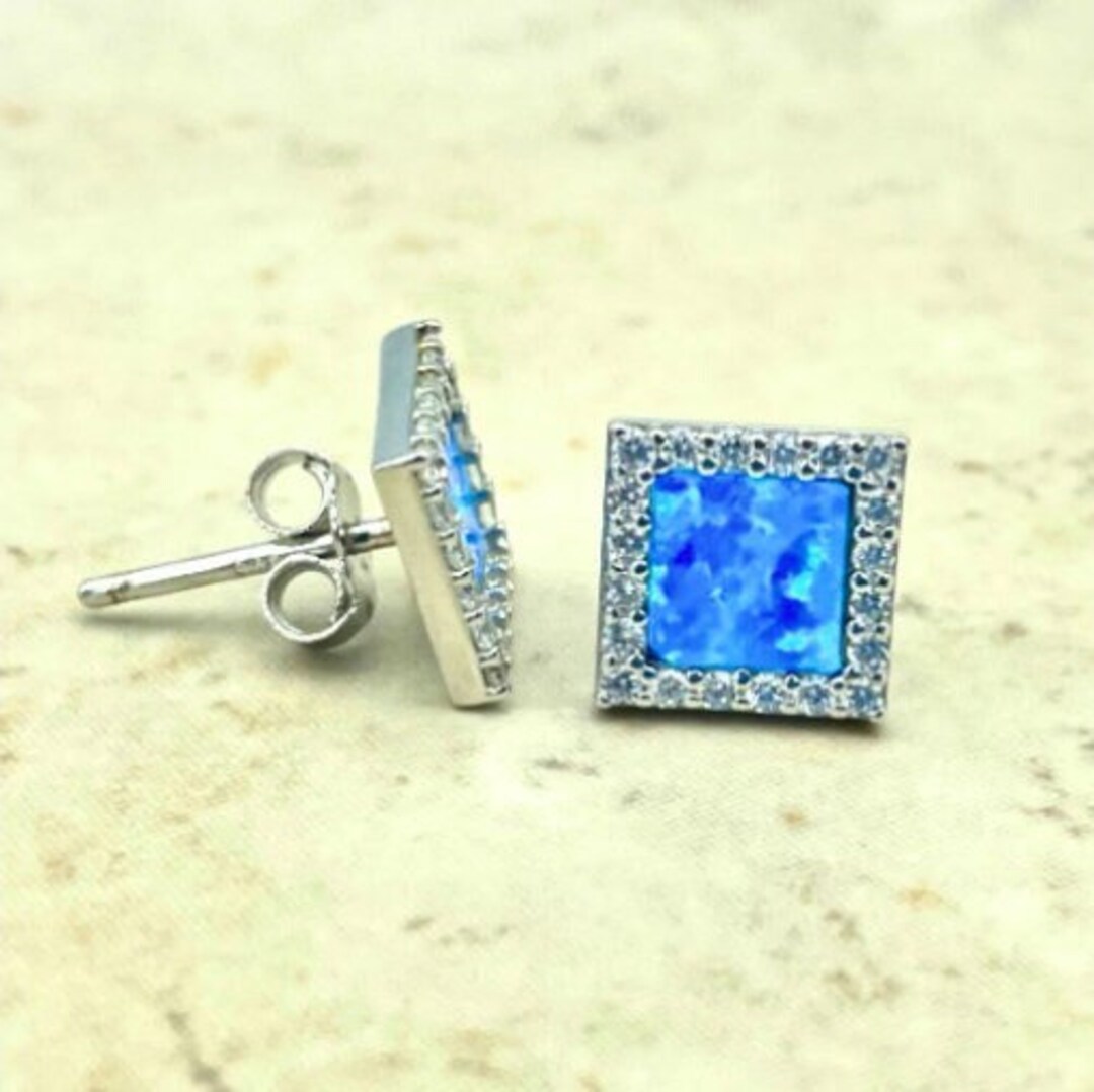 Blue Opal Square Stud Earrings in 925 Solid Sterling Silver - Etsy