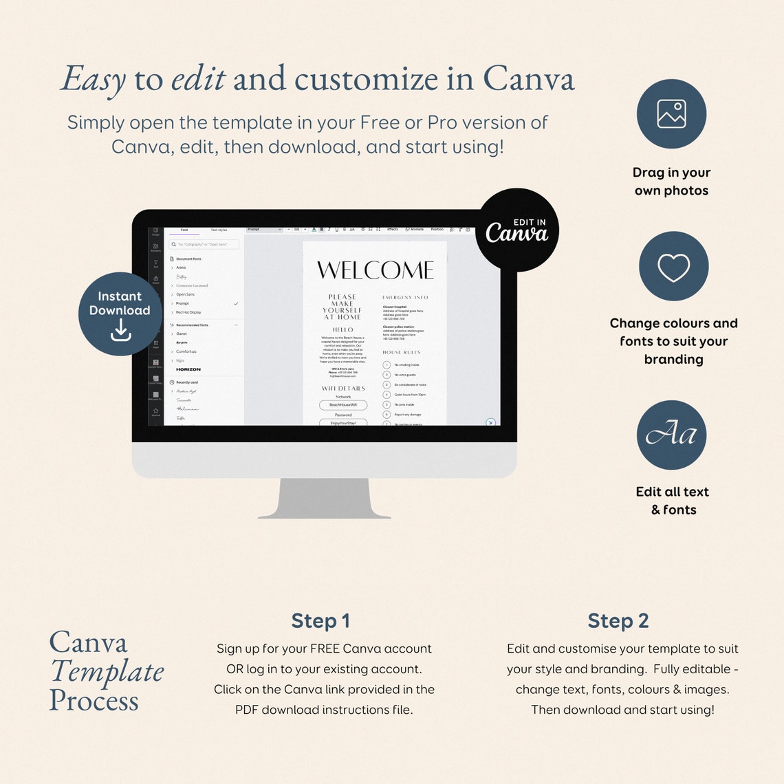 Beach Airbnb Welcome Sign & Flyer, Digital Download, Canva Template ...