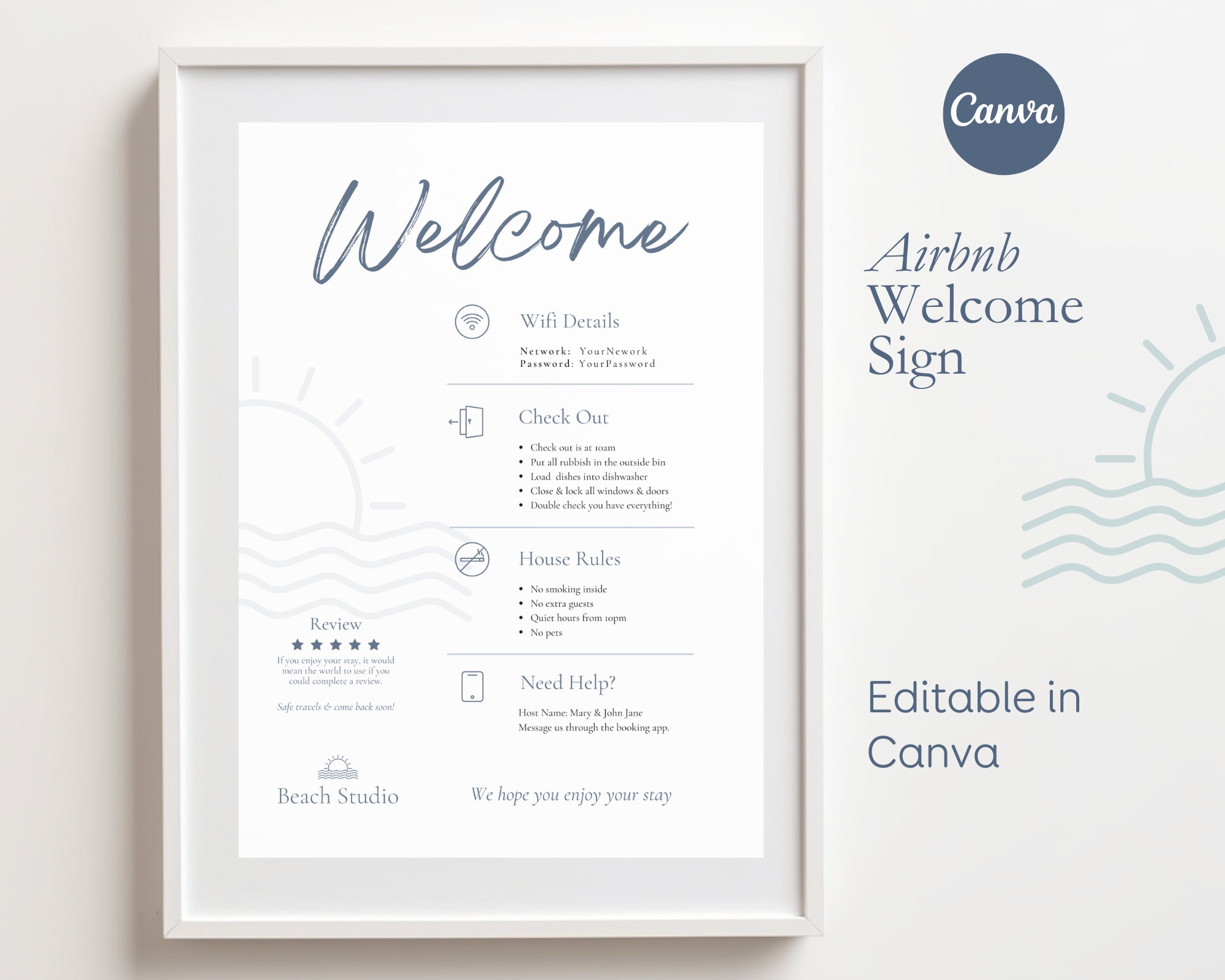 Airbnb Welcome Sign Template, Beach Theme Guest Arrival Poster, Beach ...