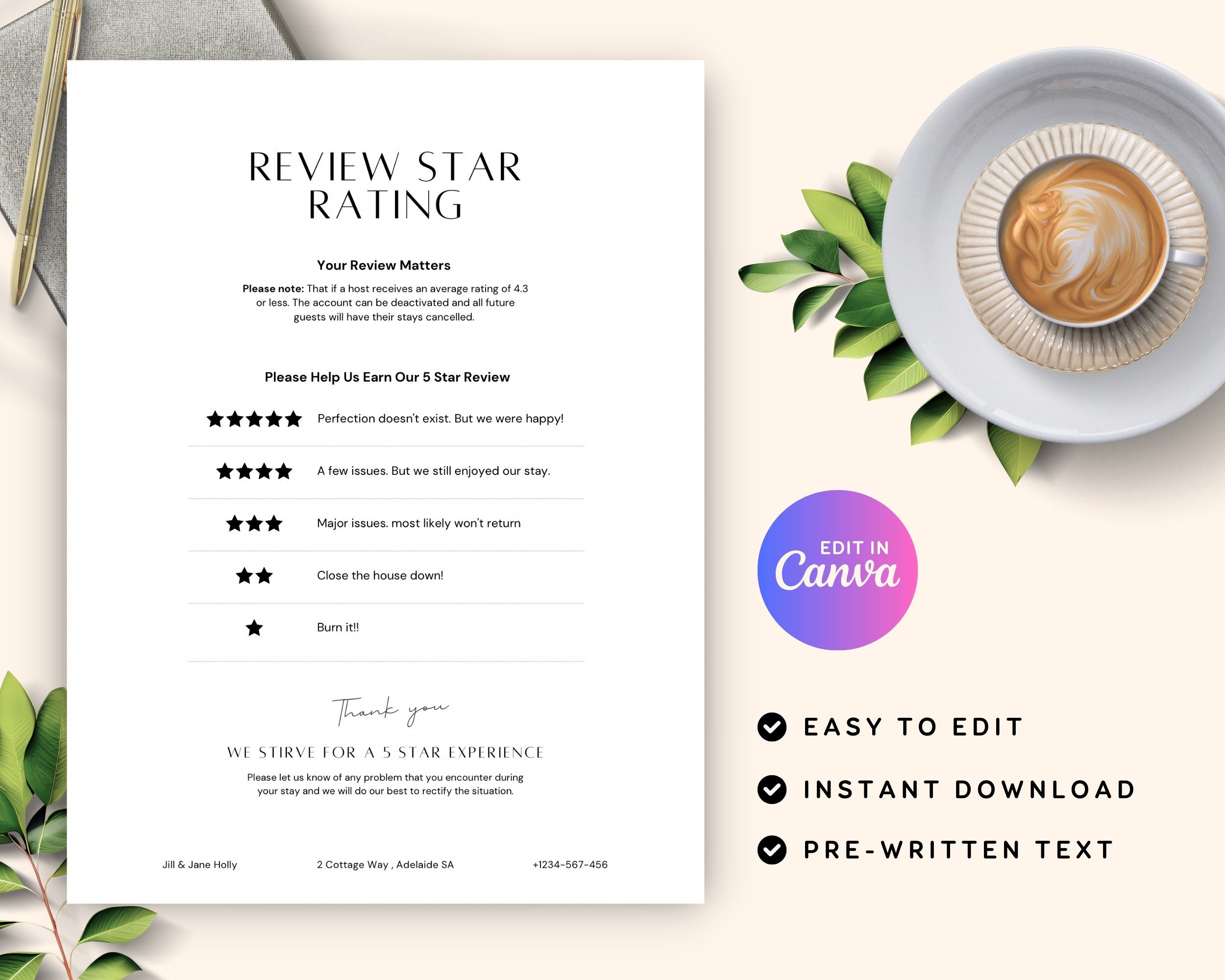 Airbnb Review Sign Canva, Airbnb Signs for Reviews, 5 Stars Rating ...