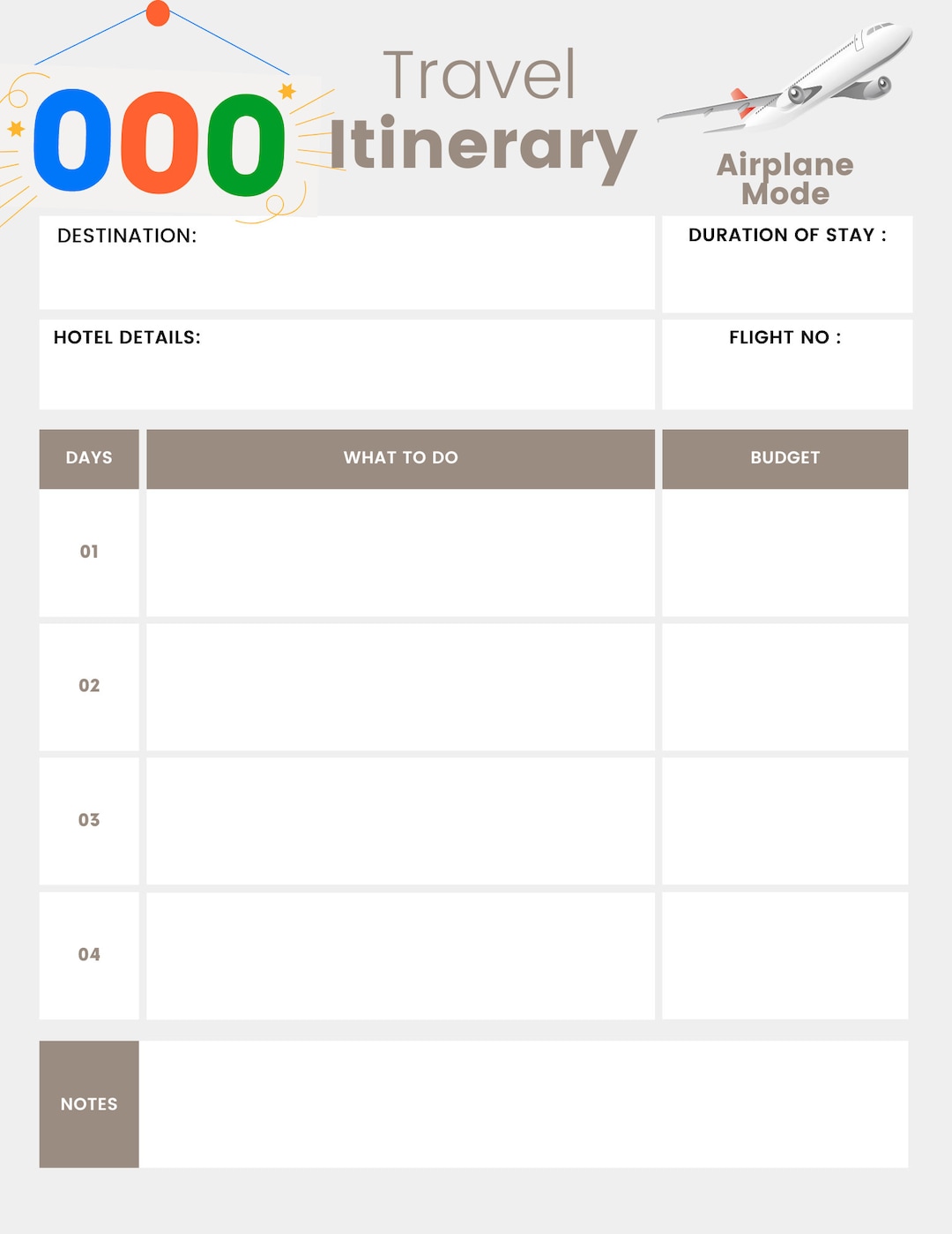 Travel Itinerary Printable, Instant Download, Destination, Budget ...