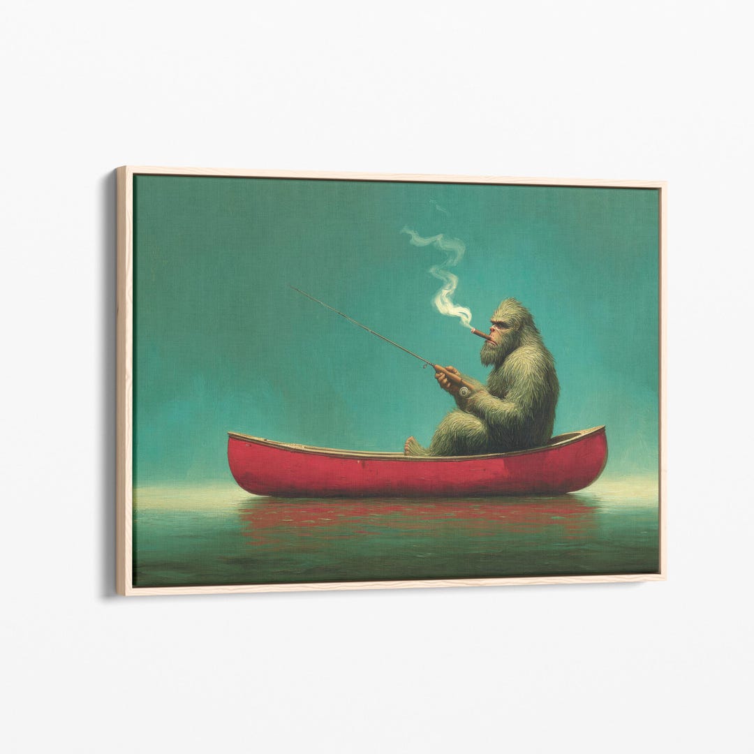 Bigfoot in Canoe Smoking and Fishing Cigar Oil Painting Canvas Print ...