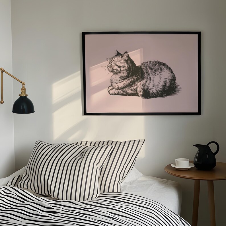 Sleepy Cat Loaf Print | Cute Grey Cat Illustration | Bedroom Decor ...