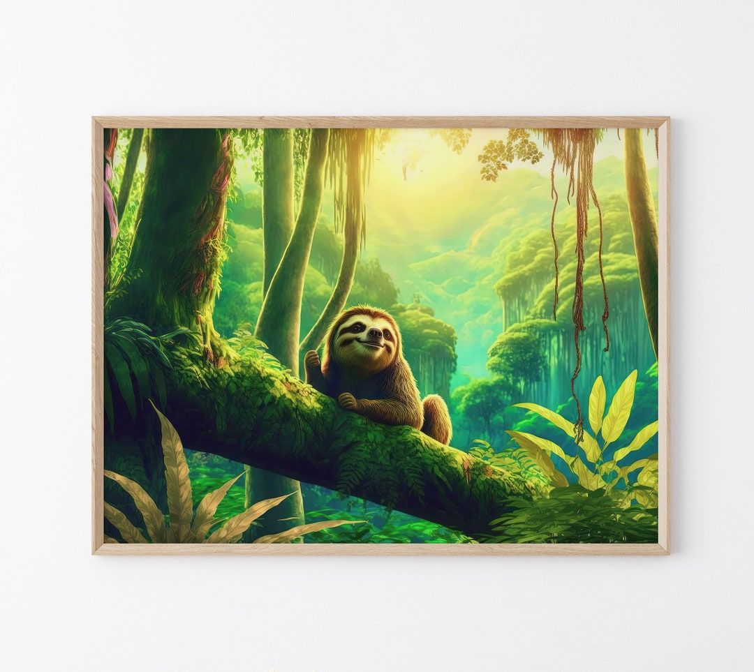 Amazon Rainforest Landscape Baby Sloth Artwork, Gift for Sloth Lovers ...