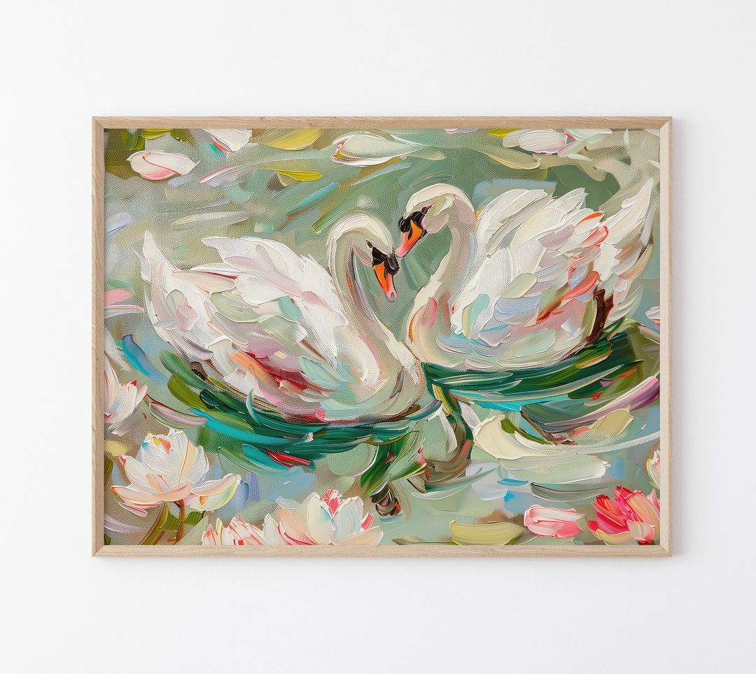 Pastel Swan in a Pond Oil Painting Print | Soft Pastel Wall Art | Pink ...
