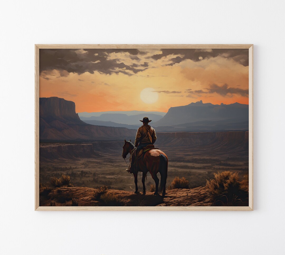 Vintage Landscape Cowboy Oil Painting Print, Western Wall Art, Mid ...