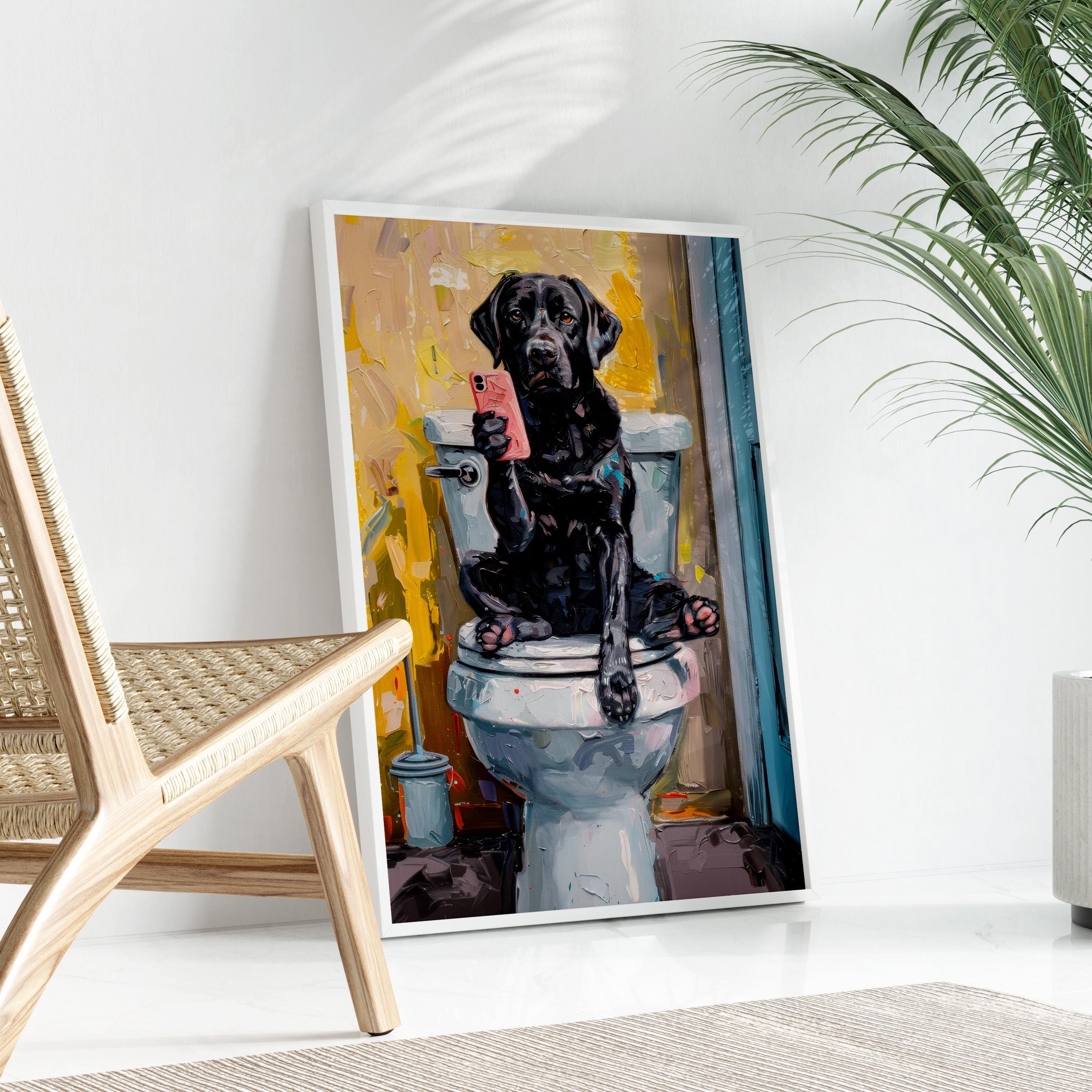 Black Labrador Sitting on Toilet With Phone Painting Print | Black Lab ...