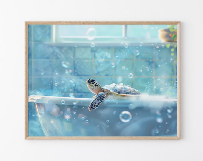 Sea Turtle in the Bathtub Wall Art Print, Tropical Home Decor ...
