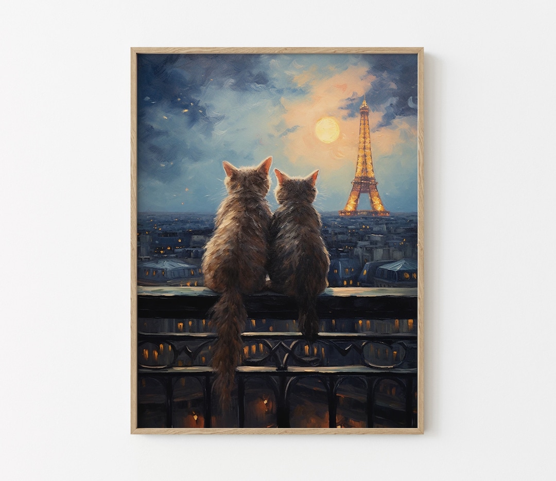 Paris Eiffel Tower Cat Poster, Romantic Cat Art Print, Cat Wall Art ...