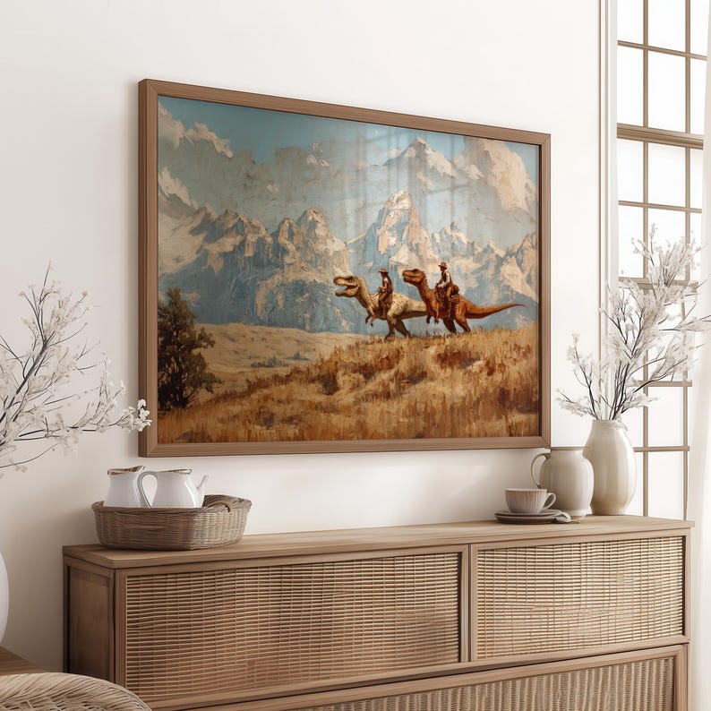 Vintage Cowboy Riding Dinosaur Together Painting Print | Western ...