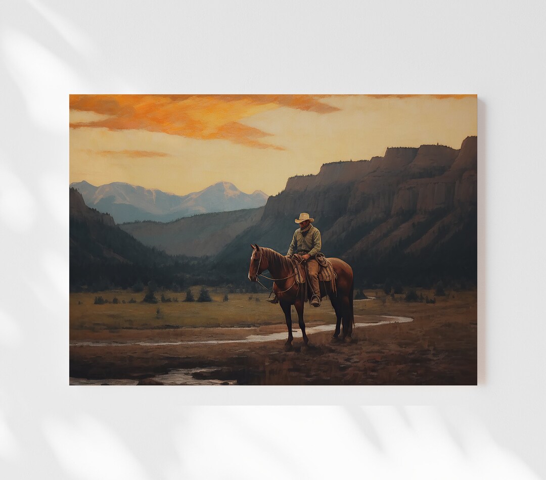 Vintage Landscape Cowboy Oil Painting Canvas Western Wall - Etsy