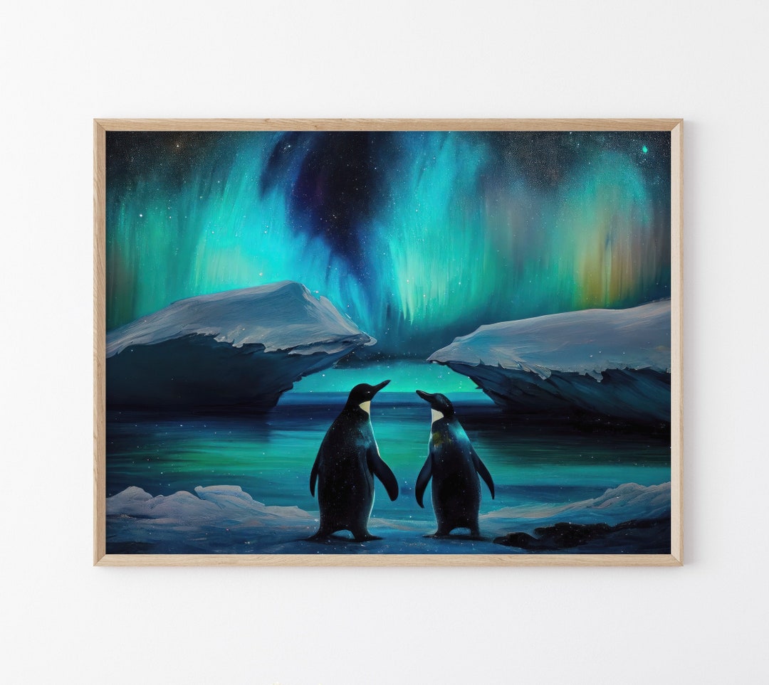 Loving Penguins Aurora Borealis Oil Painting Artwork, High-quality ...