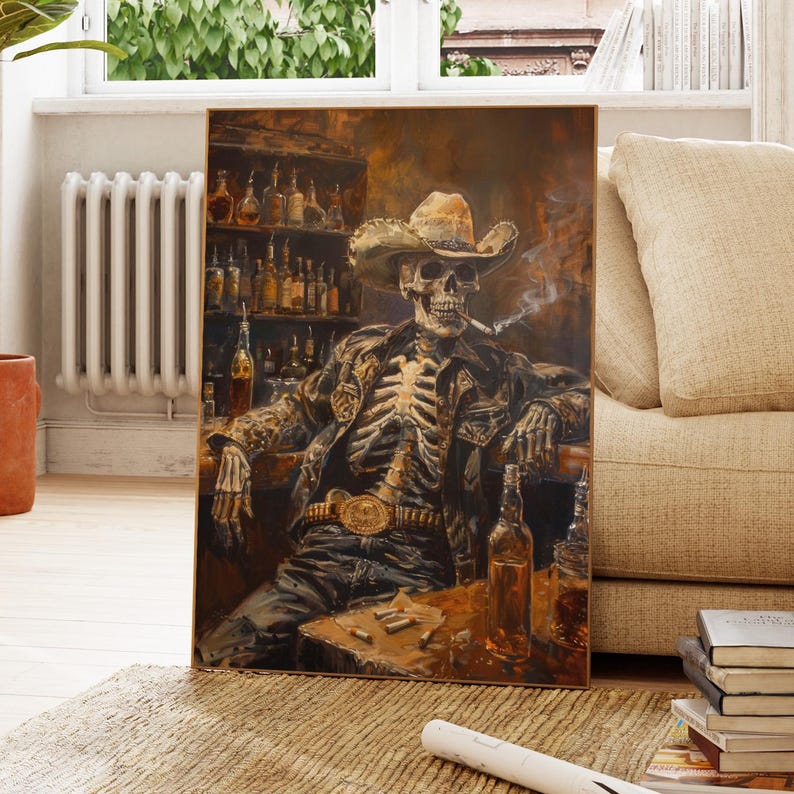 Wild West Remains Skeleton Cowboy in a Bar Oil Painting Print | Western ...