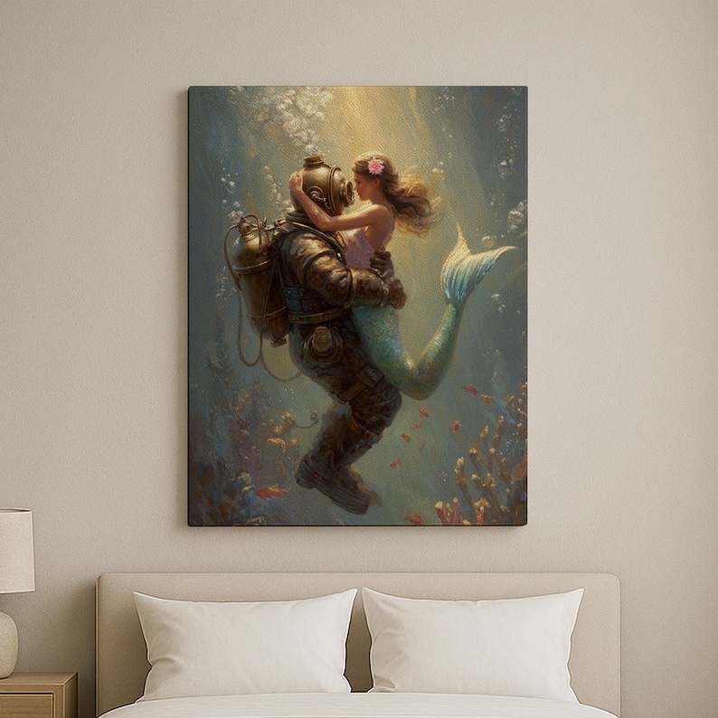 Vintage Mermaid Painting Canvas Print | Nautical Coastal Wall Art for ...