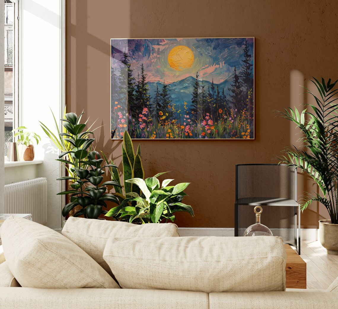 Moon Above the Wildflowers and Woodland Oil Painting Print | Full Moon ...