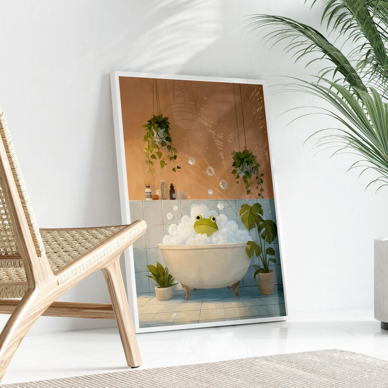 Frog in the Bath Print: Whimsical Cottagecore Bathroom Wall Art in ...