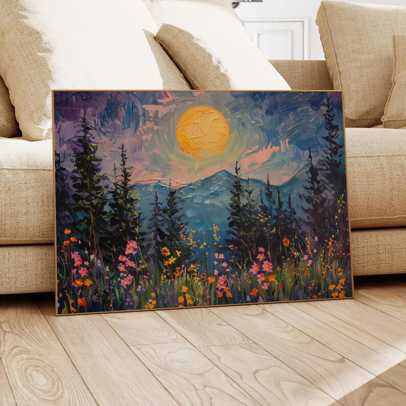 Moon Above the Wildflowers and Woodland Oil Painting Print | Full Moon ...