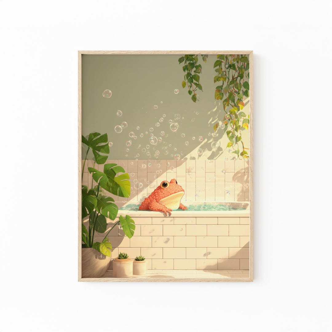 Frog in the Bath Print: Whimsical Cottagecore Bathroom Wall Art in ...