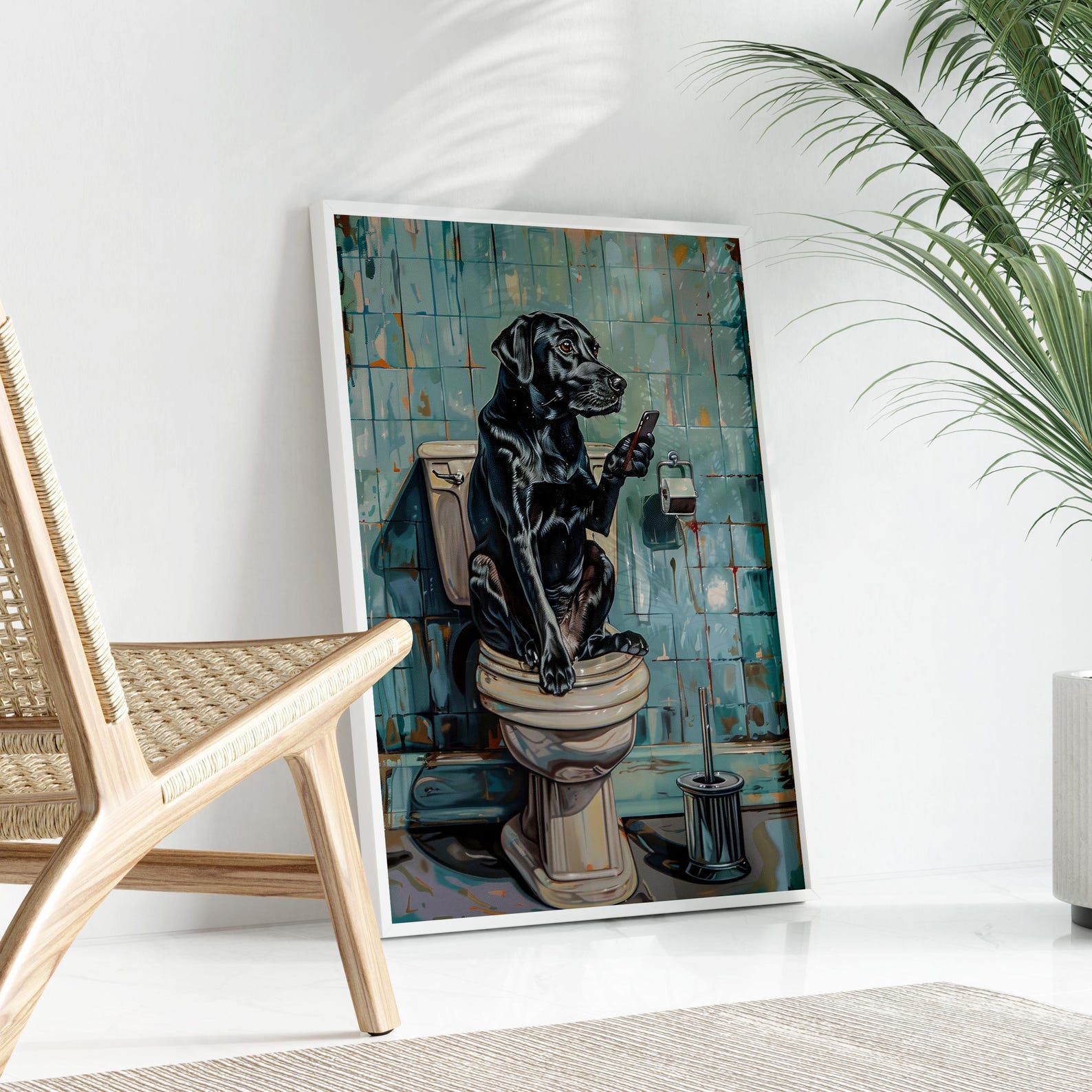 Black Labrador Sitting on Toilet With Phone Painting Print | Black Lab ...