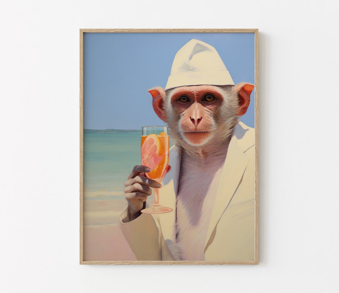 Singe avec cocktail Décoration esthétique de chariot de bar rétro Art ...