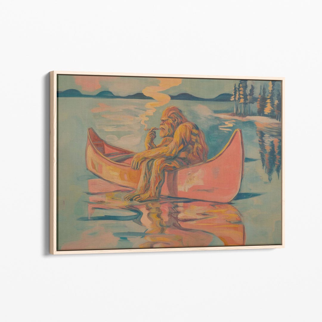 Pastel Bigfoot in Canoe Smoking Cigar Oil Painting Canvas Print ...