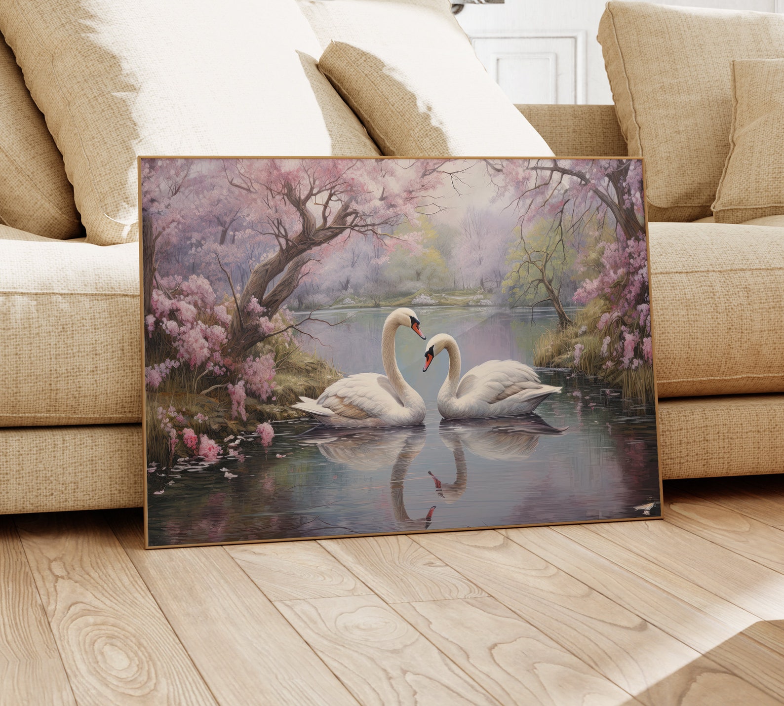 Cherry Blossom Loving Swans Oil Painting, Wall Art Matte Print, Heart ...