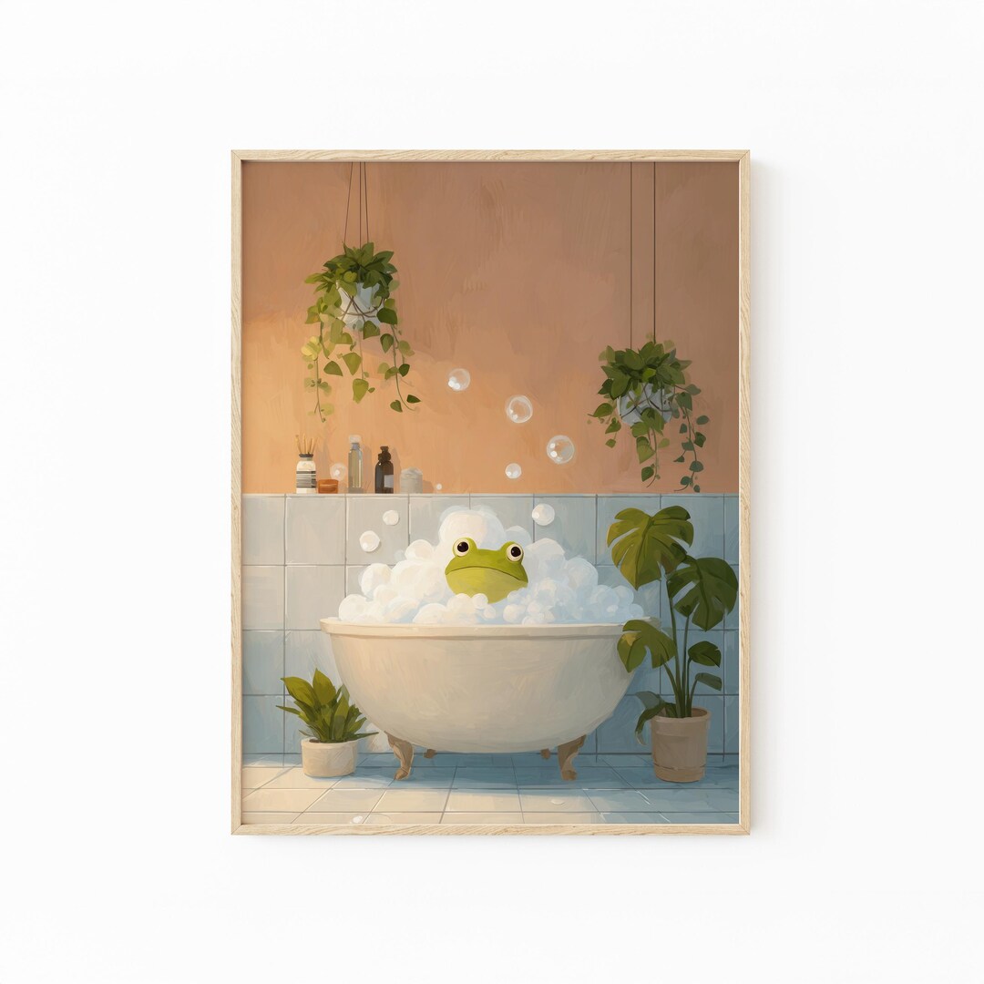 Frog in the Bath Print: Whimsical Cottagecore Bathroom Wall Art in ...