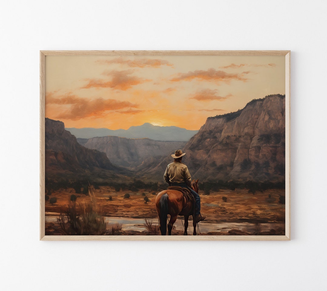 Vintage Landscape Cowboy Oil Painting Print, Western Wall Art, Mid ...