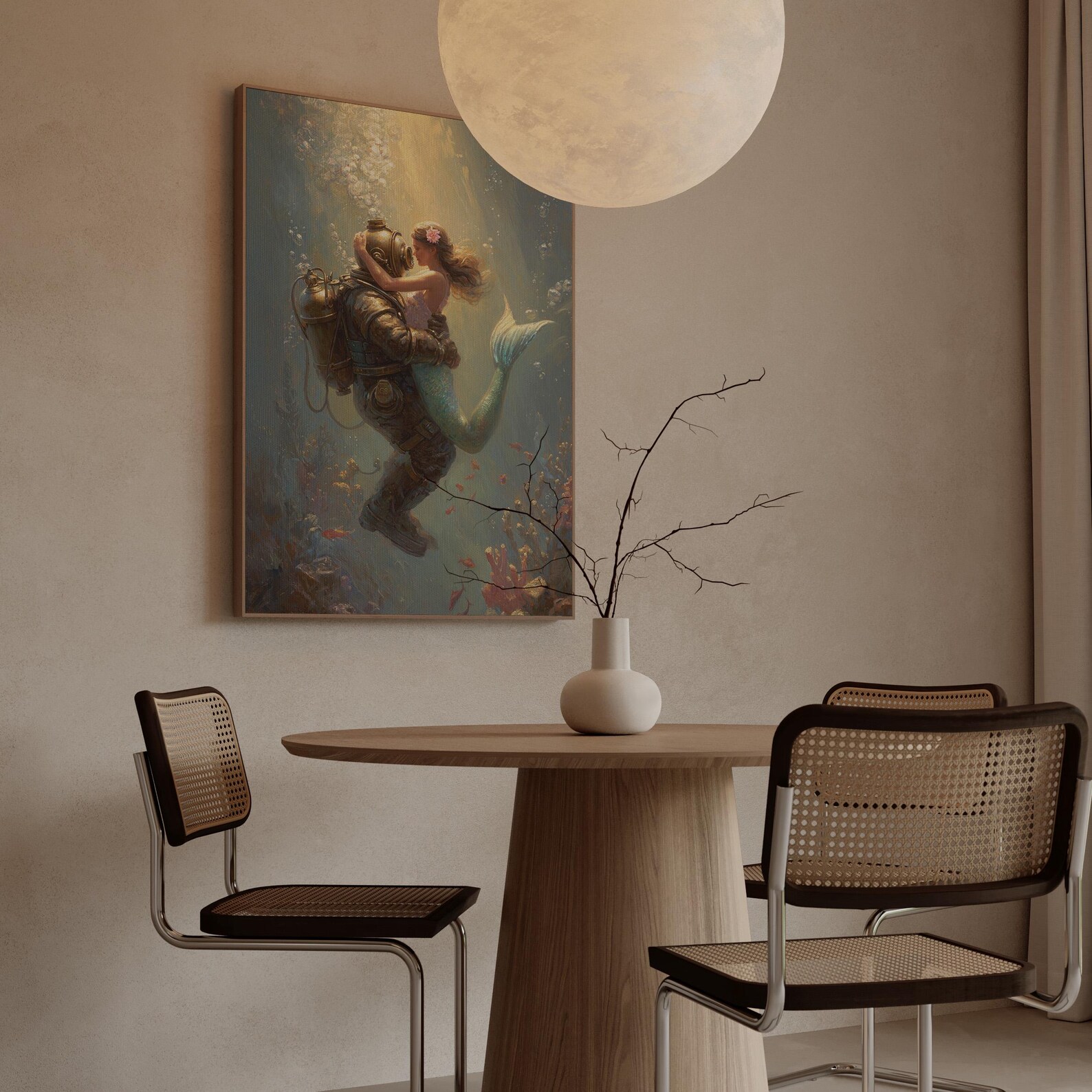 Vintage Mermaid Painting Canvas Print | Nautical Coastal Wall Art for ...