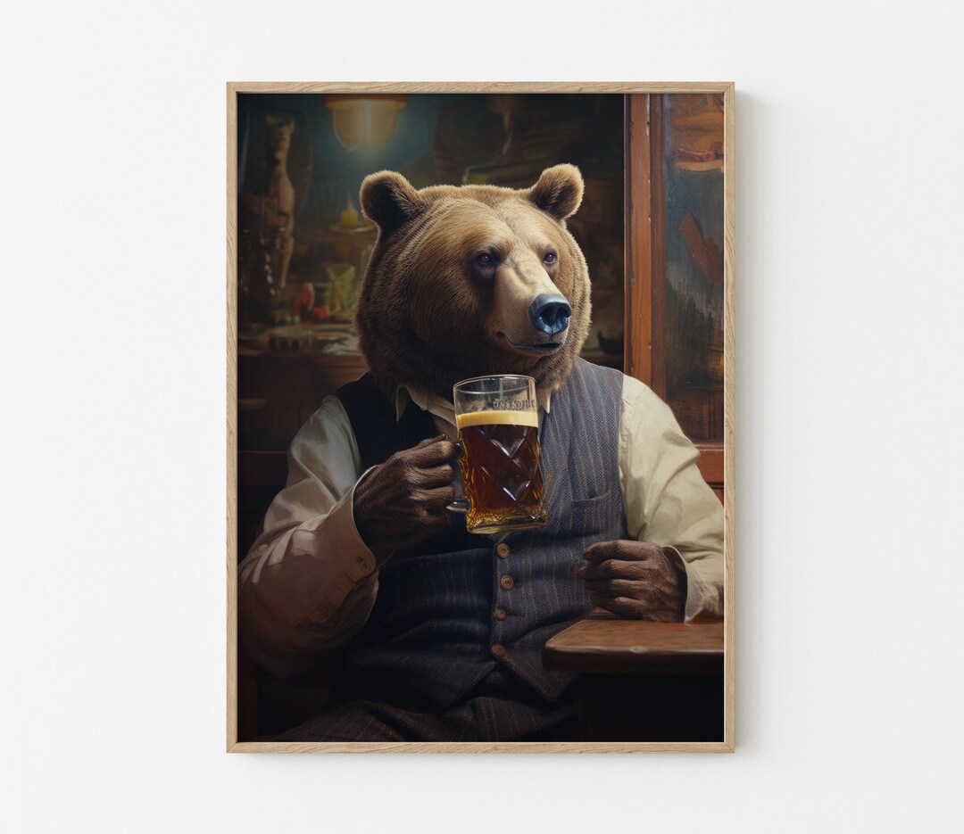 Funny Animals Bear Drinking Beer Oil Painting Print, Beer Wall Art ...