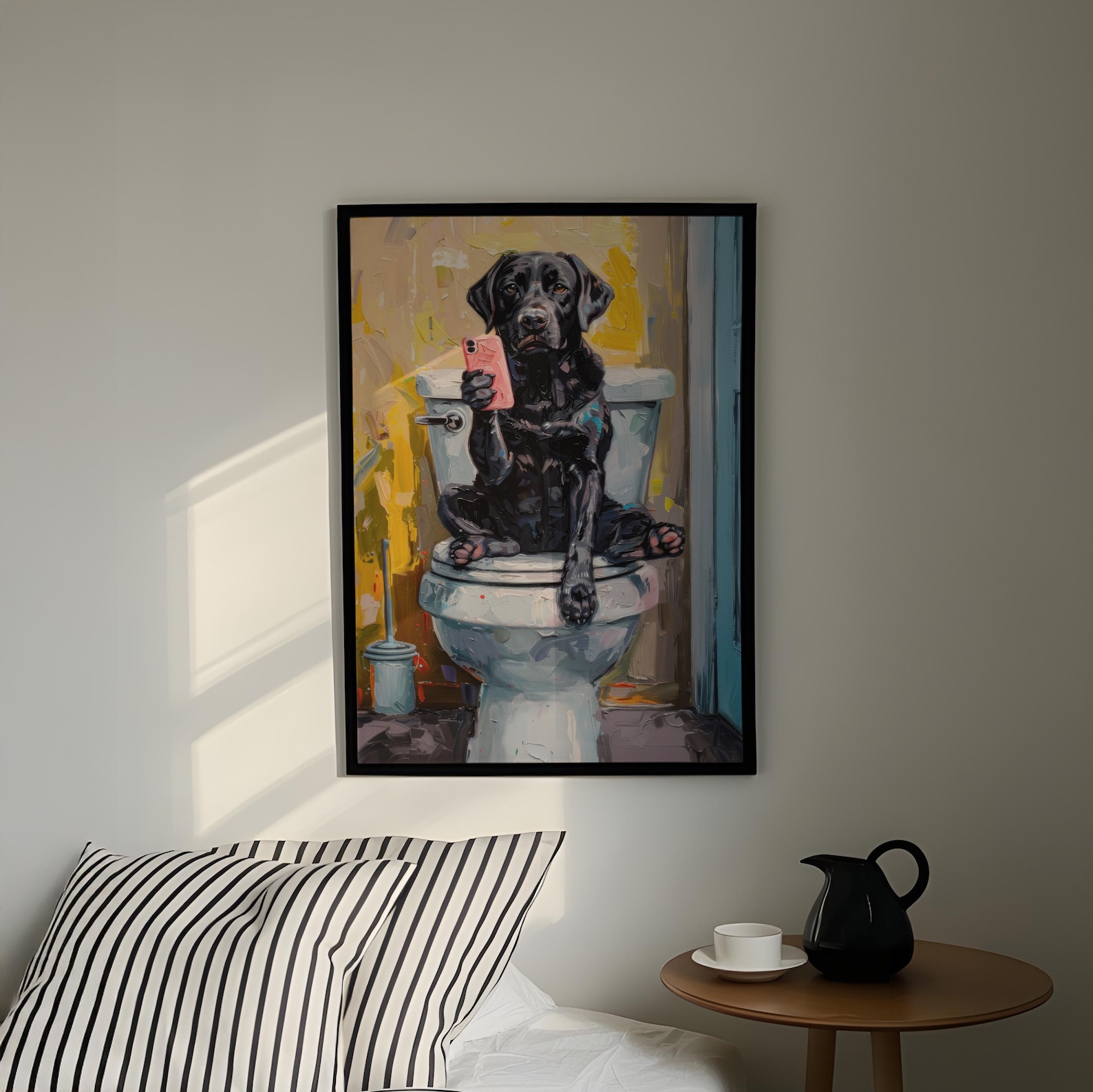 Black Labrador Sitting on Toilet With Phone Painting Print | Black Lab ...