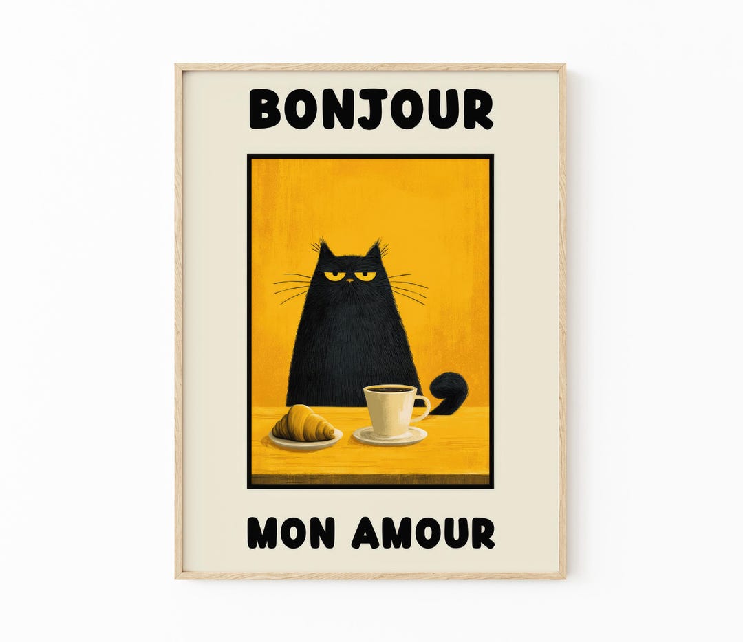 Le Chat Noir Print: Bonjour Mon Amour Black Cat Wall Art for Vintage ...