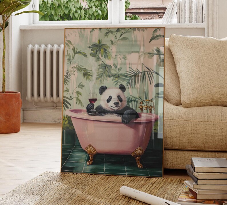 Panda Bathroom Print | Alcohol Print | Funny Animal Art | Panda in Bath ...