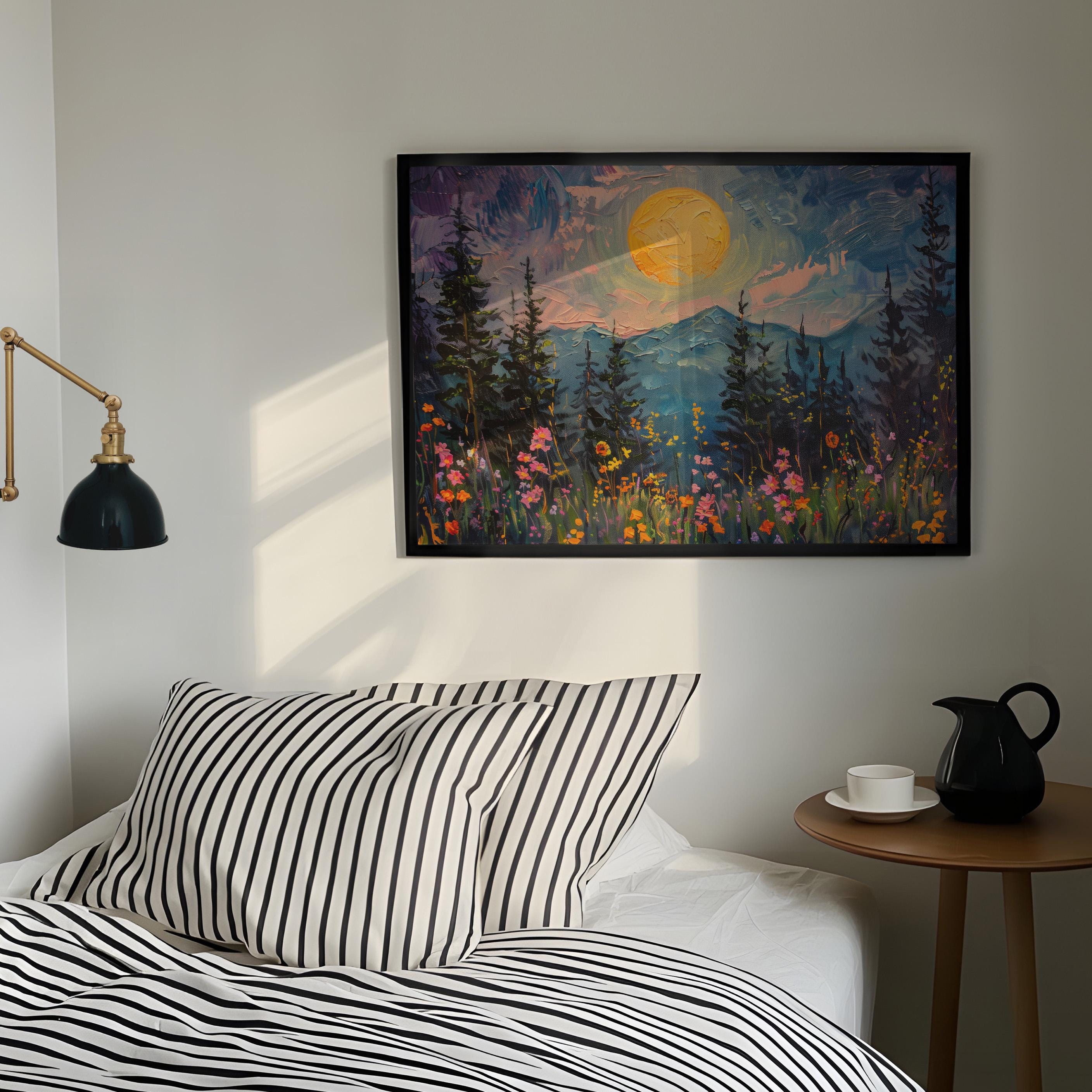 Moon Above the Wildflowers and Woodland Oil Painting Print | Full Moon ...