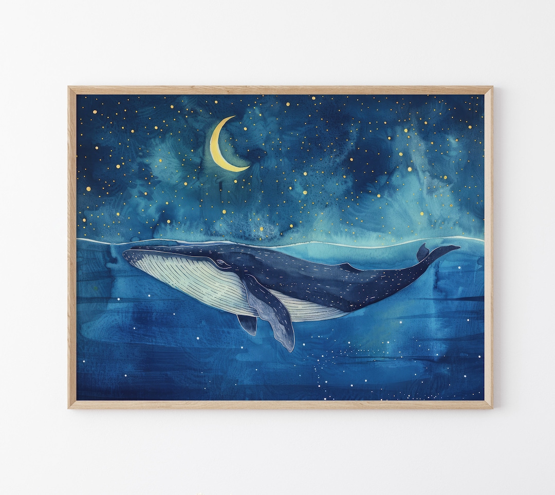 Whale Under the Moon Watercolor Painting | Whale Print | Whale and Boat | Whale Nursery ...