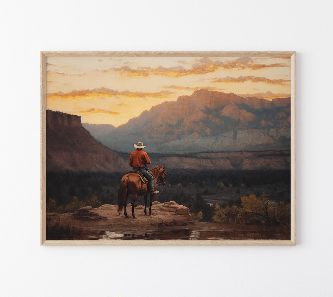 Vintage Landscape Cowboy Oil Painting Print, Western Wall Art, Mid ...