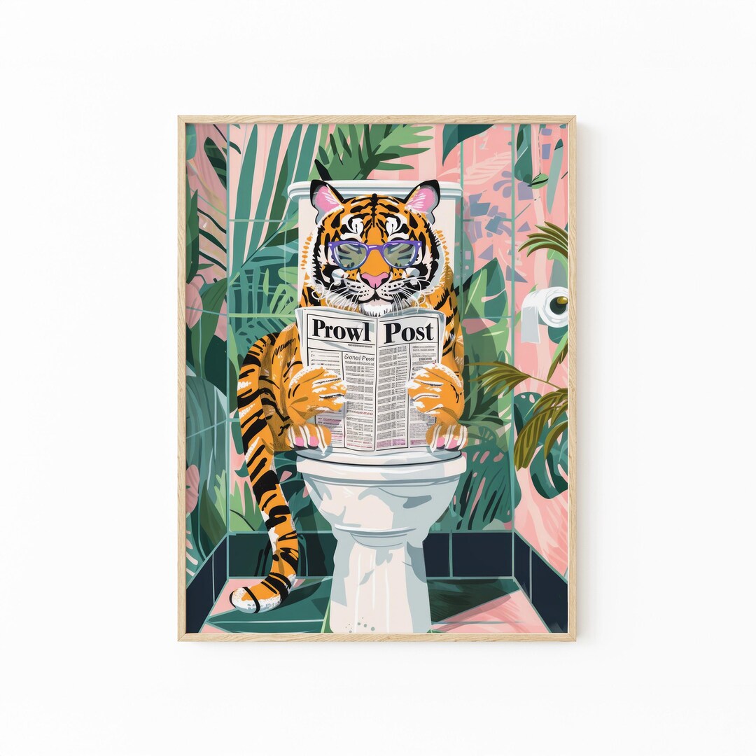 Tiger on Toilet Bathroom Print | Colourful Botanical Bathroom ...